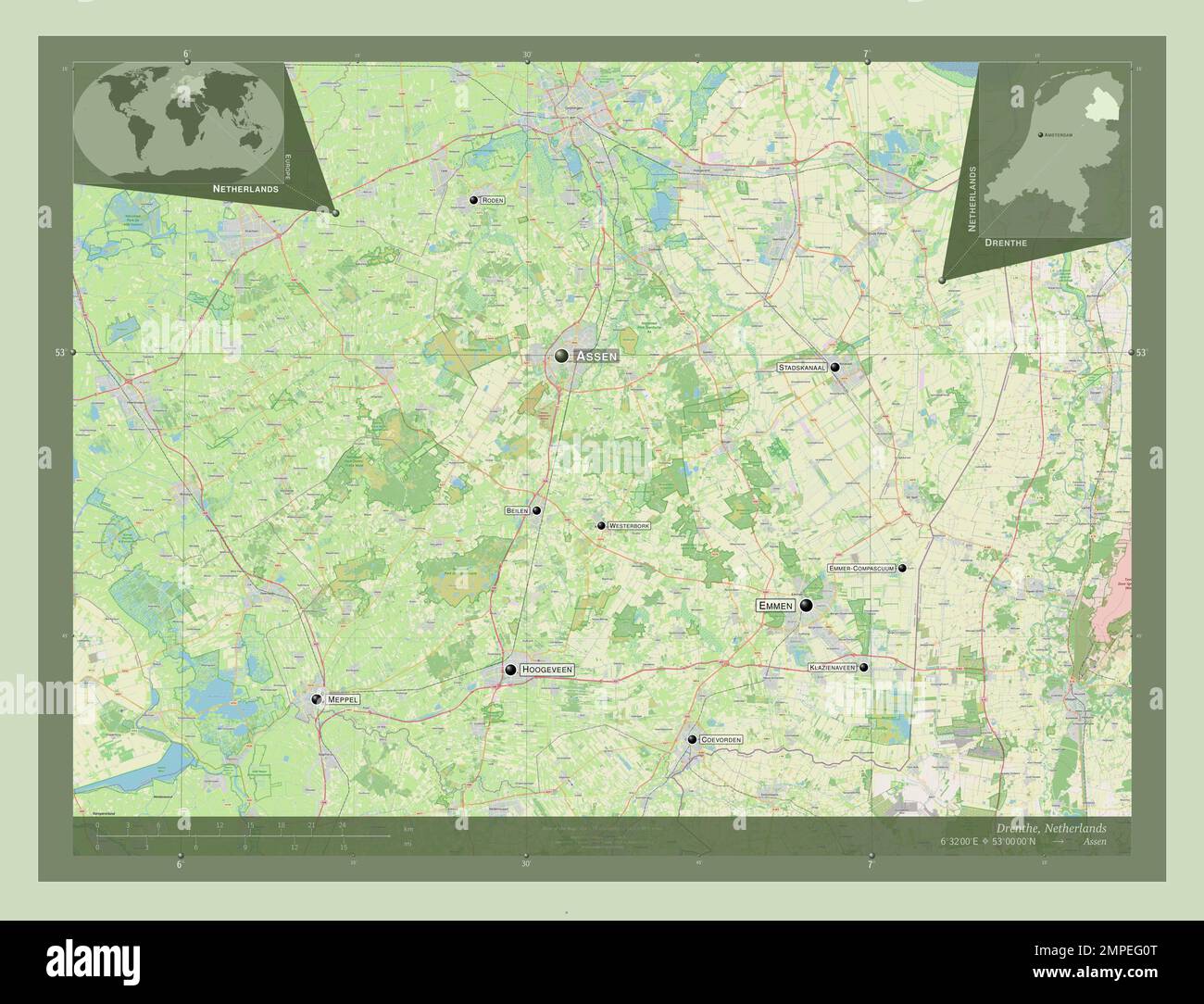 Drenthe, province of Netherlands. Open Street Map. Locations and names ...
