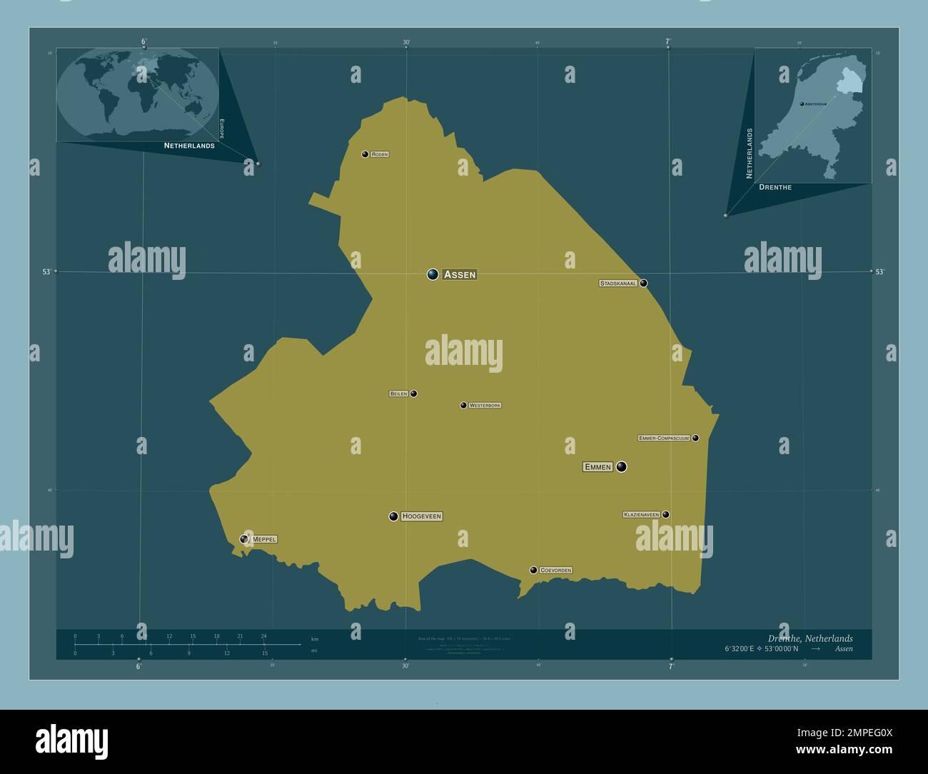 Drenthe, province of Netherlands. Solid color shape. Locations and ...