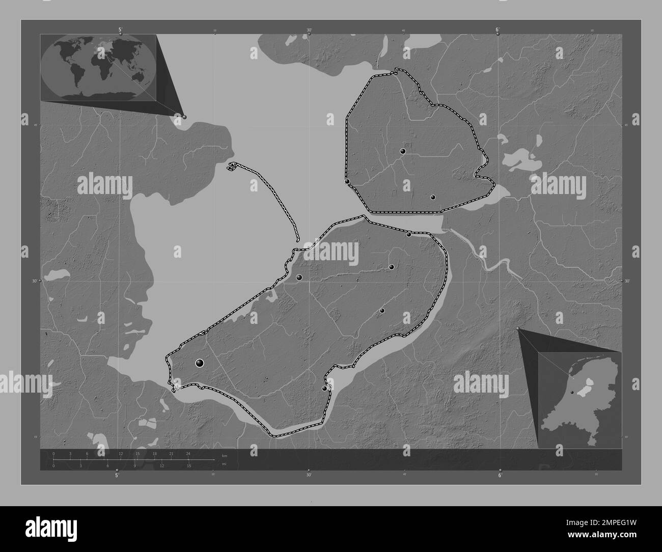 Flevoland, province of Netherlands. Bilevel elevation map with lakes ...