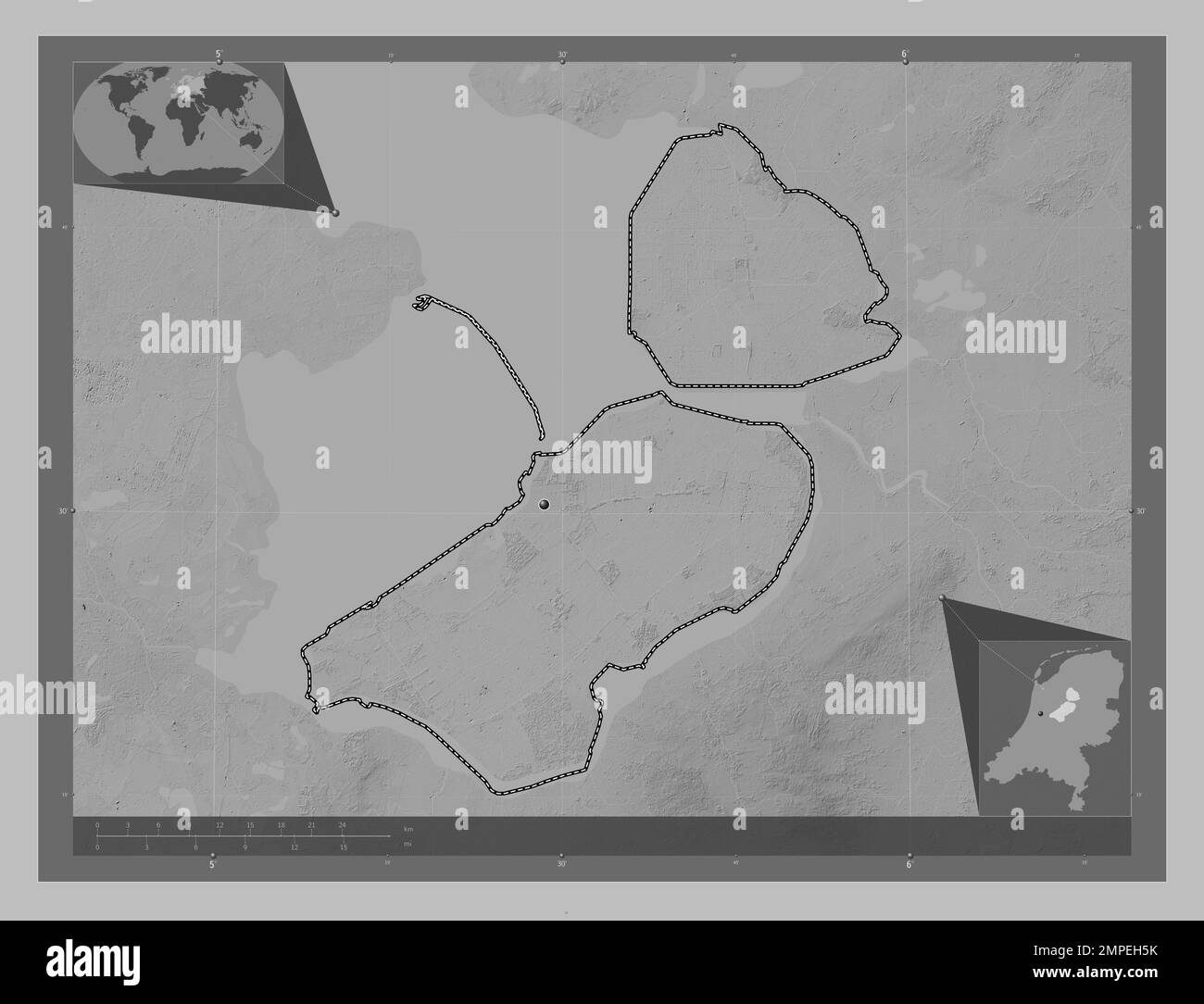 Flevoland, province of Netherlands. Grayscale elevation map with lakes ...