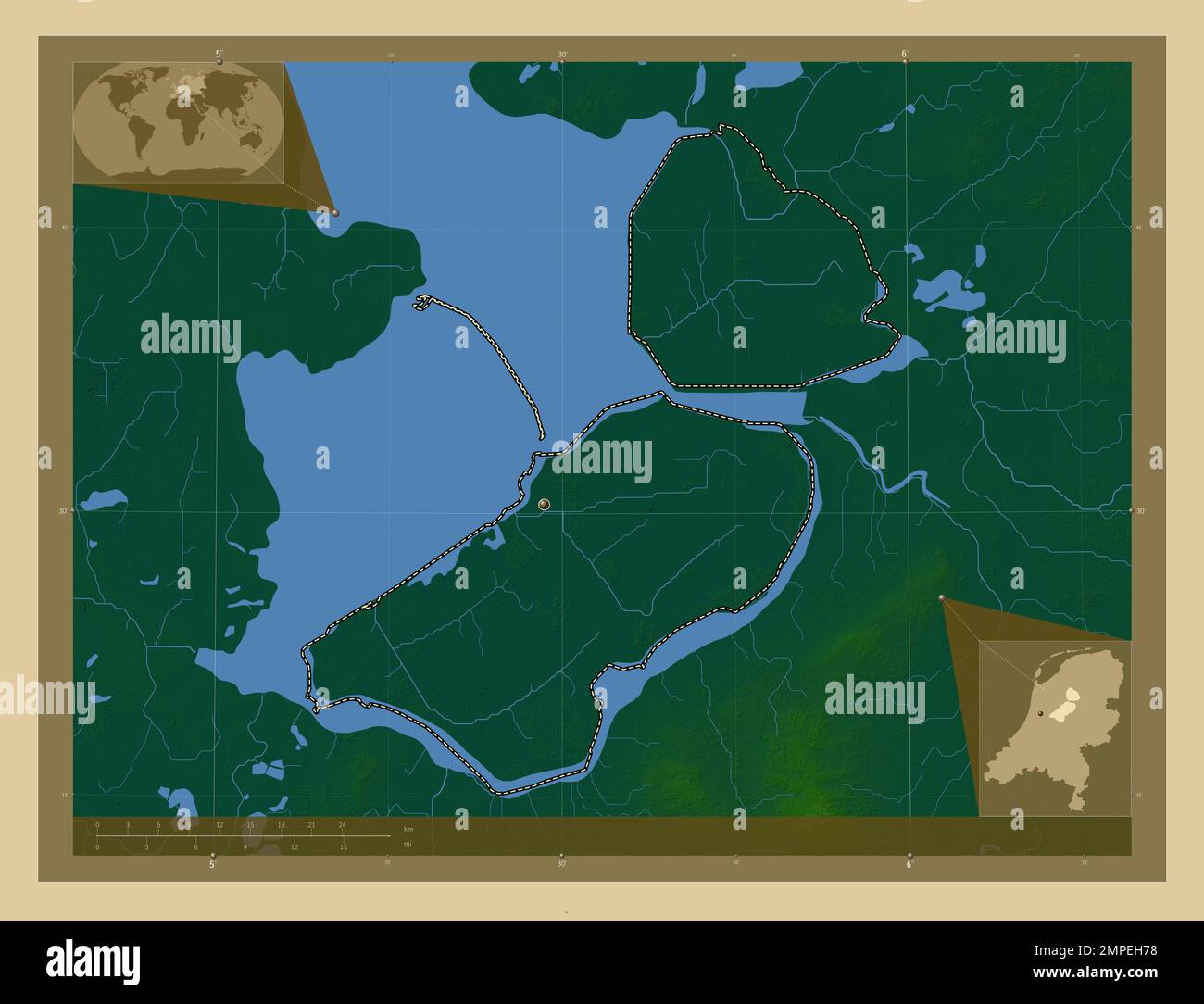 Flevoland, province of Netherlands. Colored elevation map with lakes ...