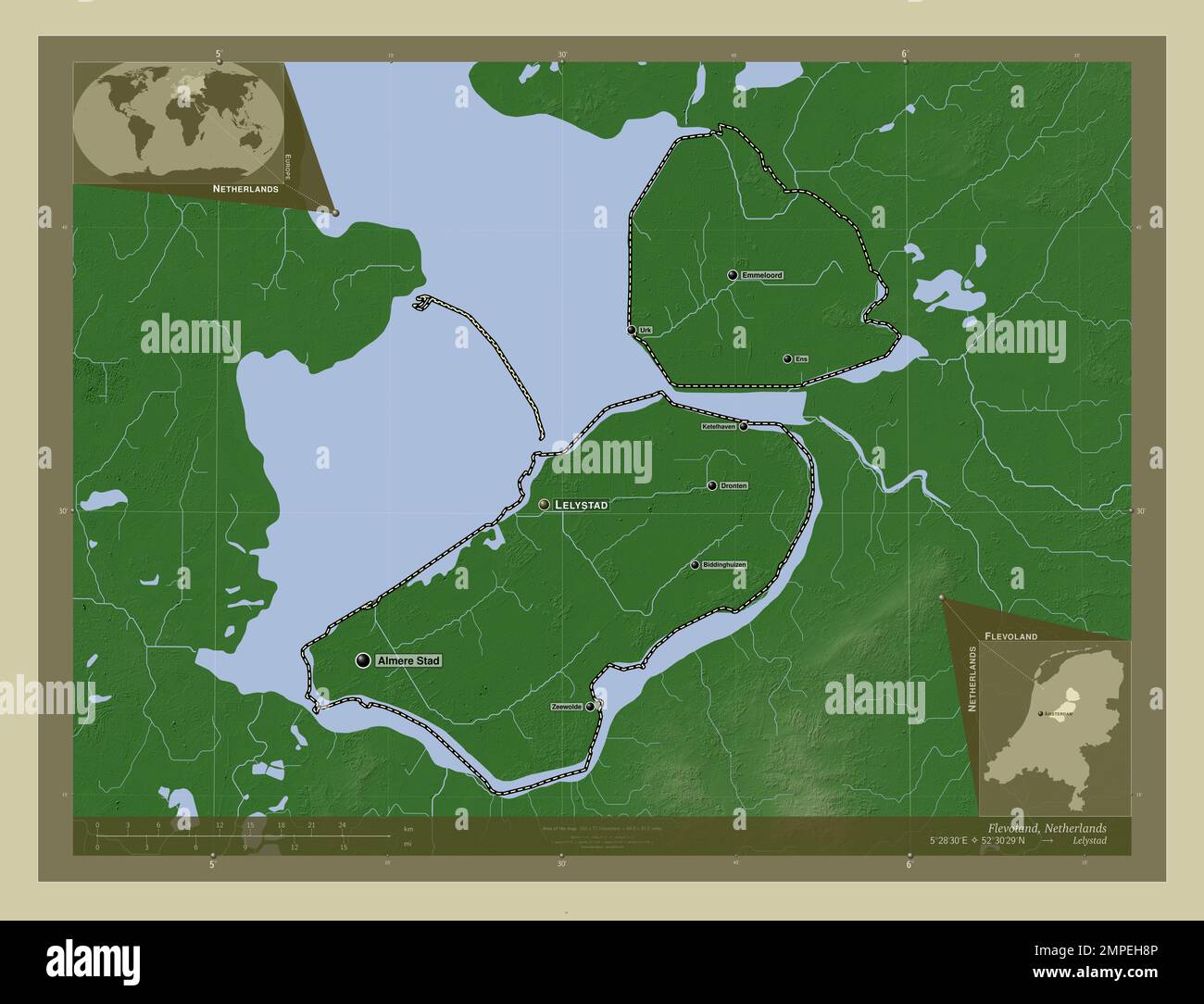 Flevoland, province of Netherlands. Elevation map colored in wiki style ...