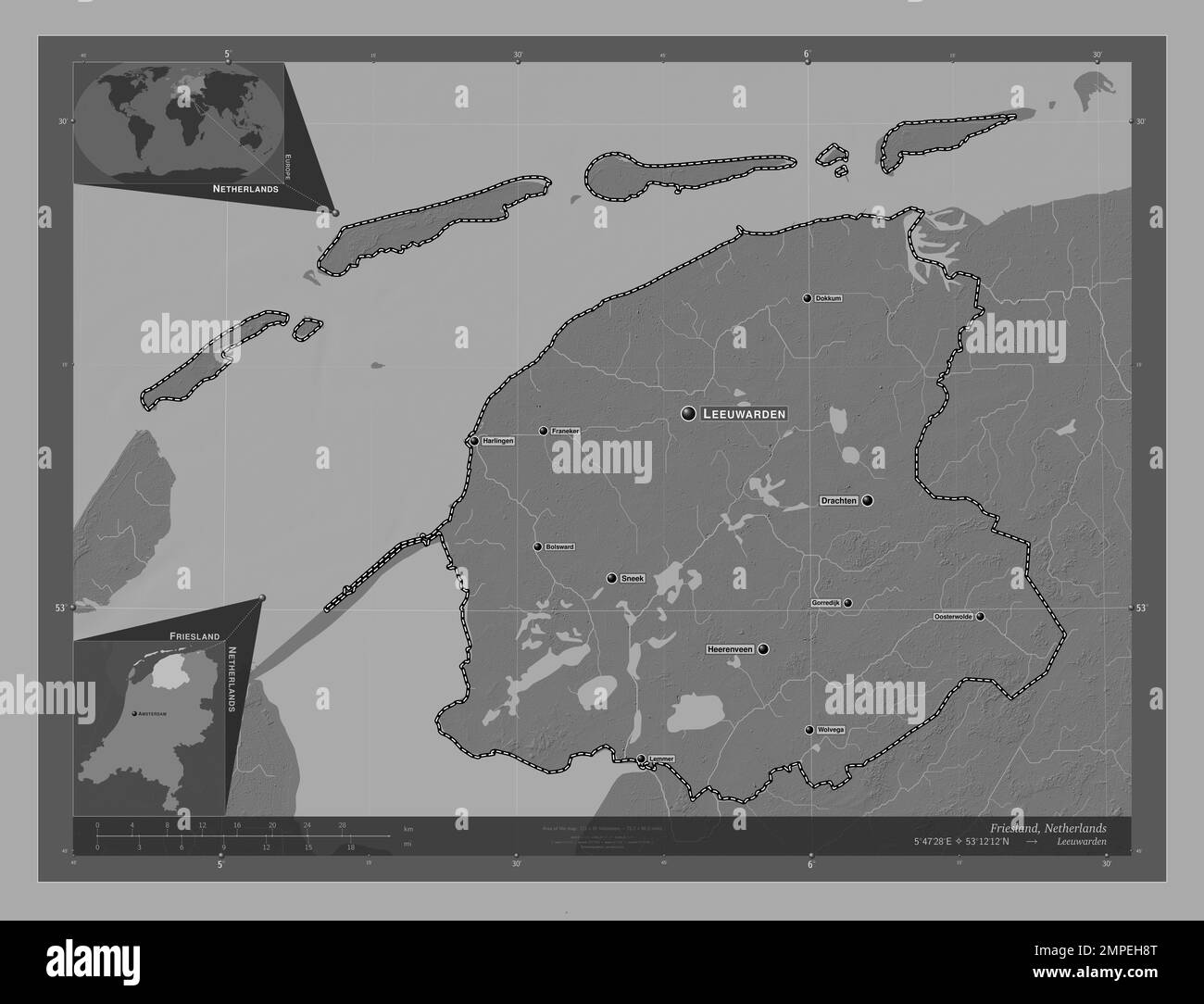 Friesland, province of Netherlands. Bilevel elevation map with lakes ...