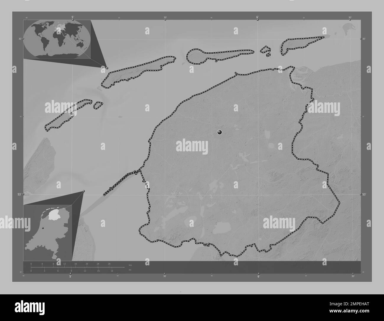 Friesland, province of Netherlands. Grayscale elevation map with lakes ...