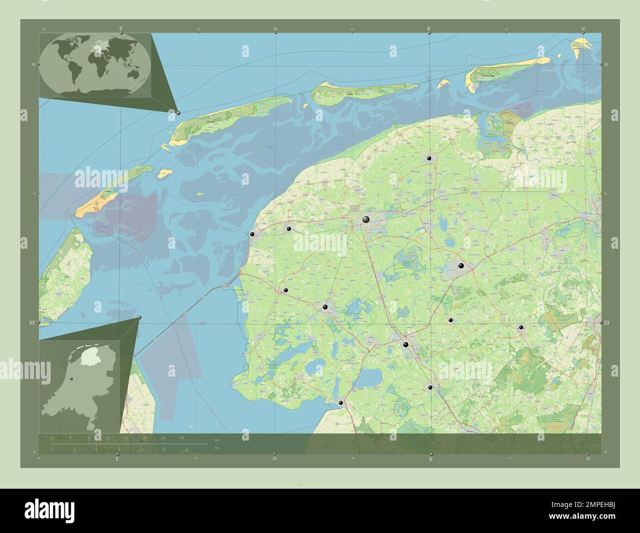 Friesland, province of Netherlands. Open Street Map. Locations of major ...