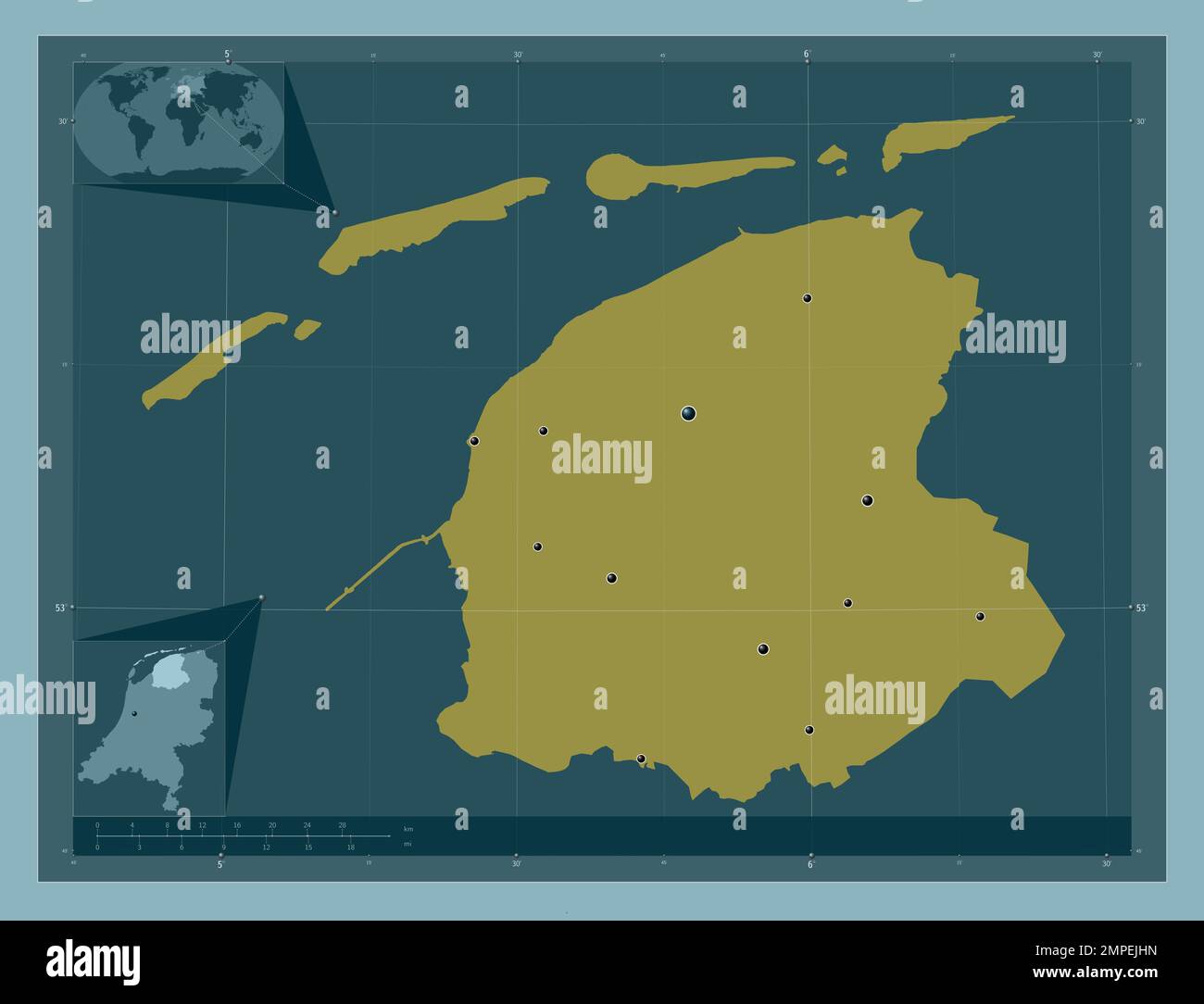 Friesland, province of Netherlands. Solid color shape. Locations of ...