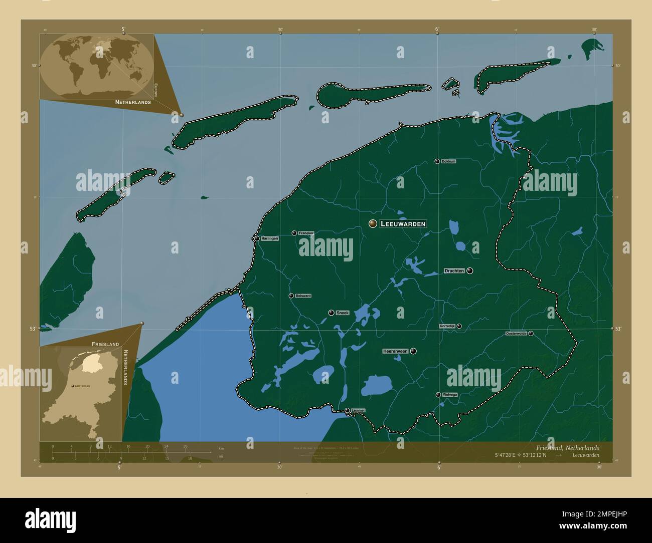 Friesland, province of Netherlands. Colored elevation map with lakes ...