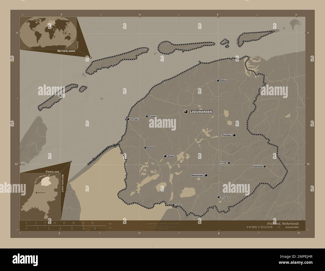 Friesland, province of Netherlands. Elevation map colored in sepia ...