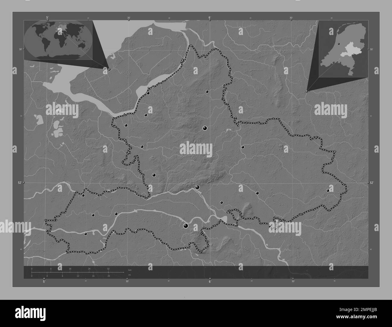 Gelderland, province of Netherlands. Bilevel elevation map with lakes ...