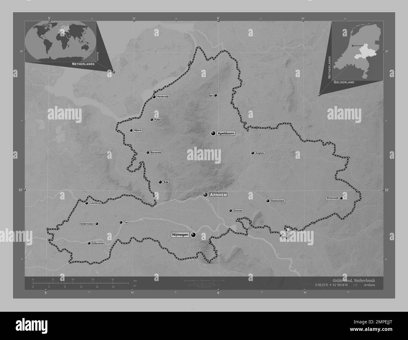 Gelderland, province of Netherlands. Grayscale elevation map with lakes ...