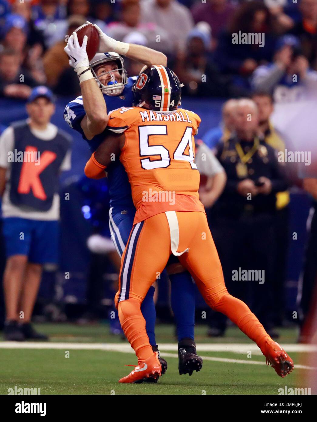 Indianapolis Colts tight end Jack Doyle (84) catches a pass over Denver ...