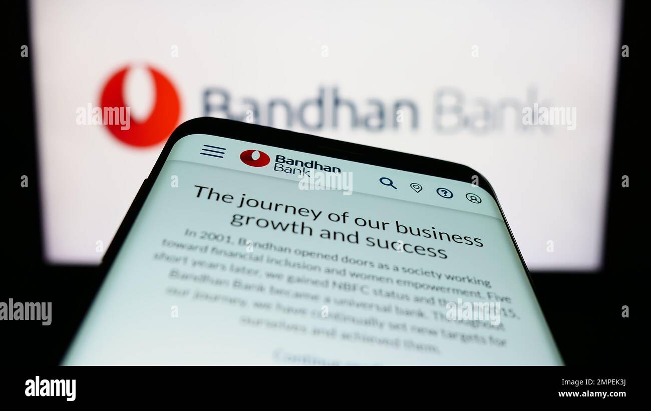 Smartphone with website of Indian financial company Bandhan Bank Ltd ...