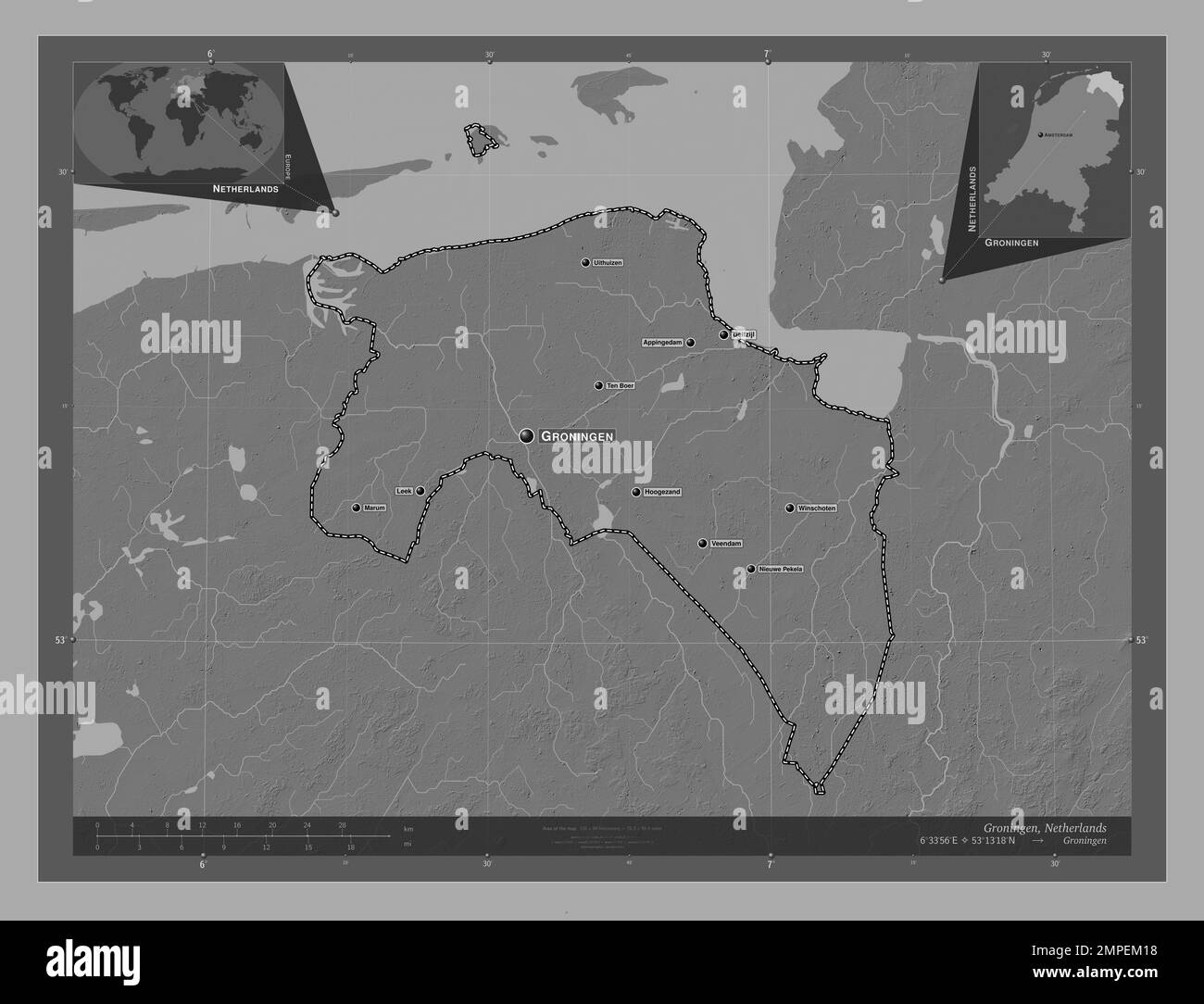 Groningen, province of Netherlands. Bilevel elevation map with lakes ...