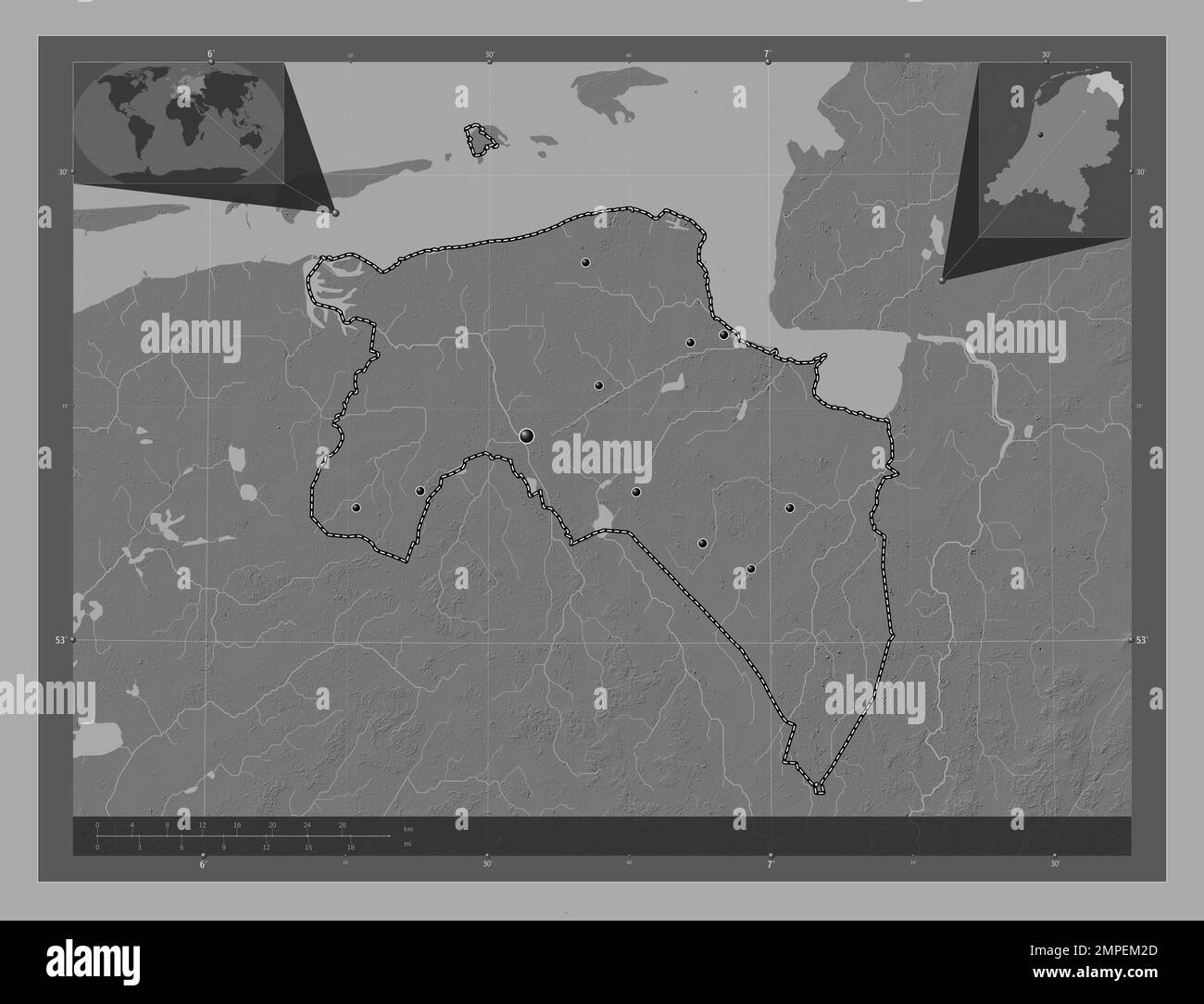 Groningen, province of Netherlands. Bilevel elevation map with lakes ...