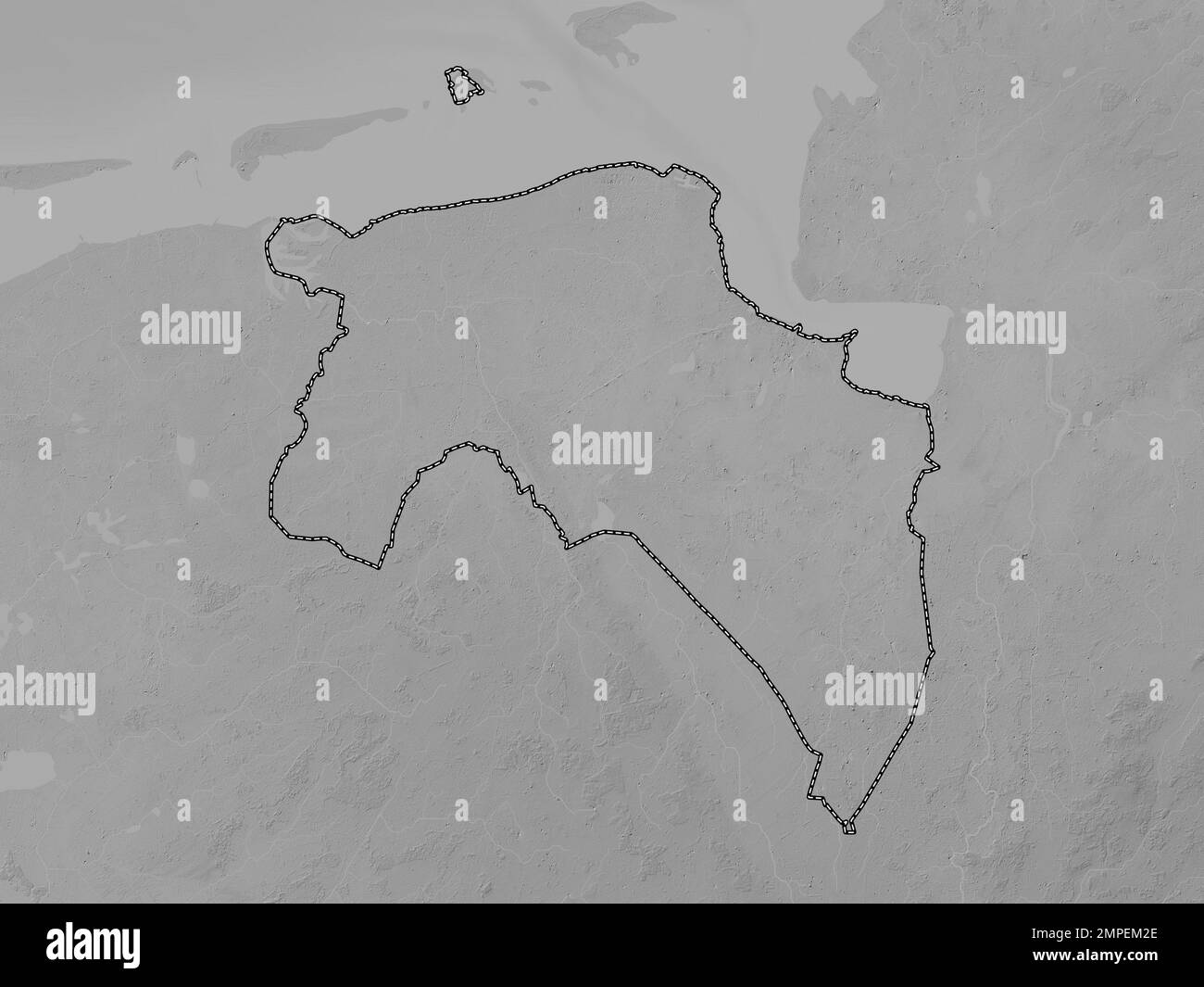Groningen, province of Netherlands. Grayscale elevation map with lakes ...