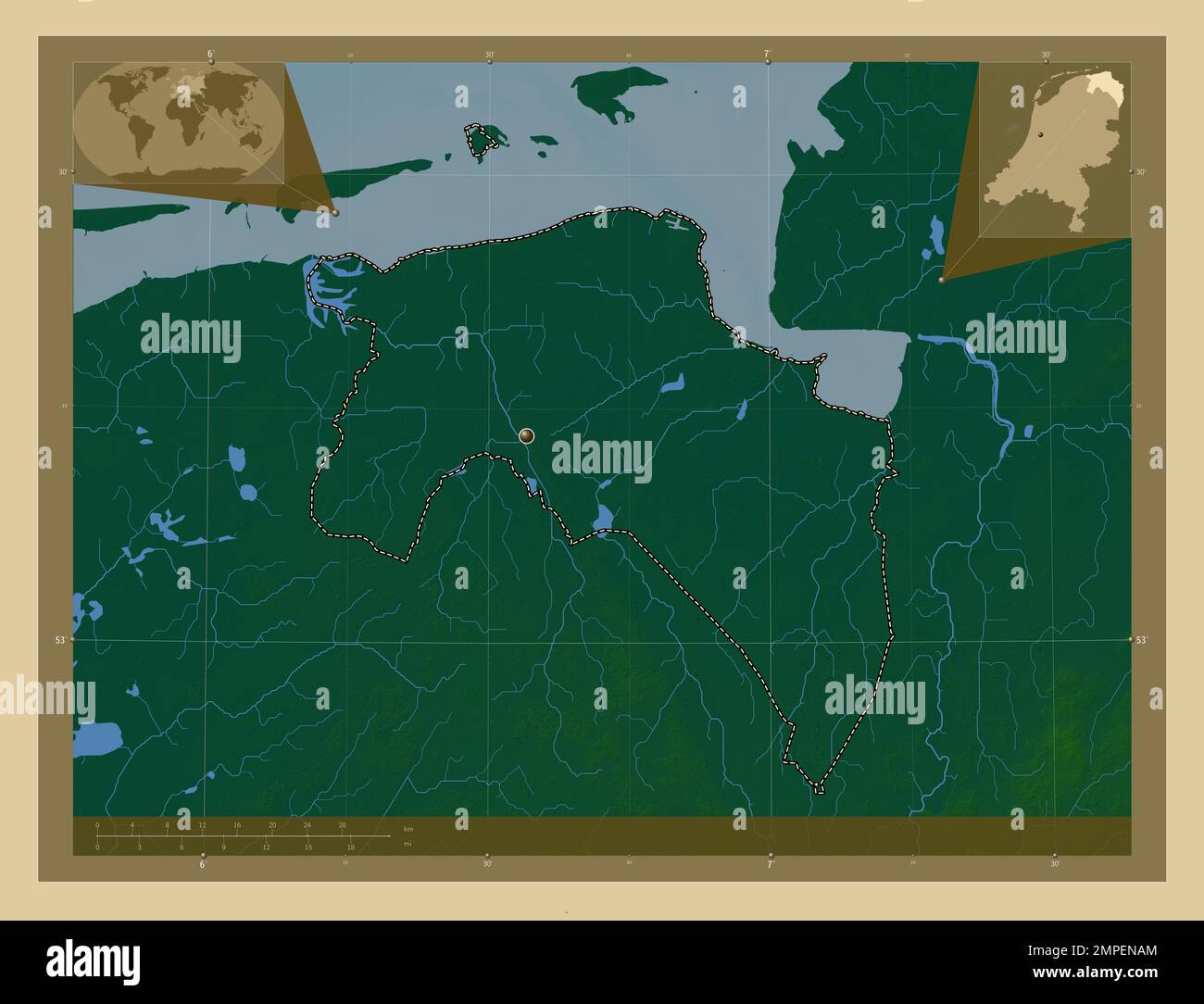 Groningen, province of Netherlands. Colored elevation map with lakes ...