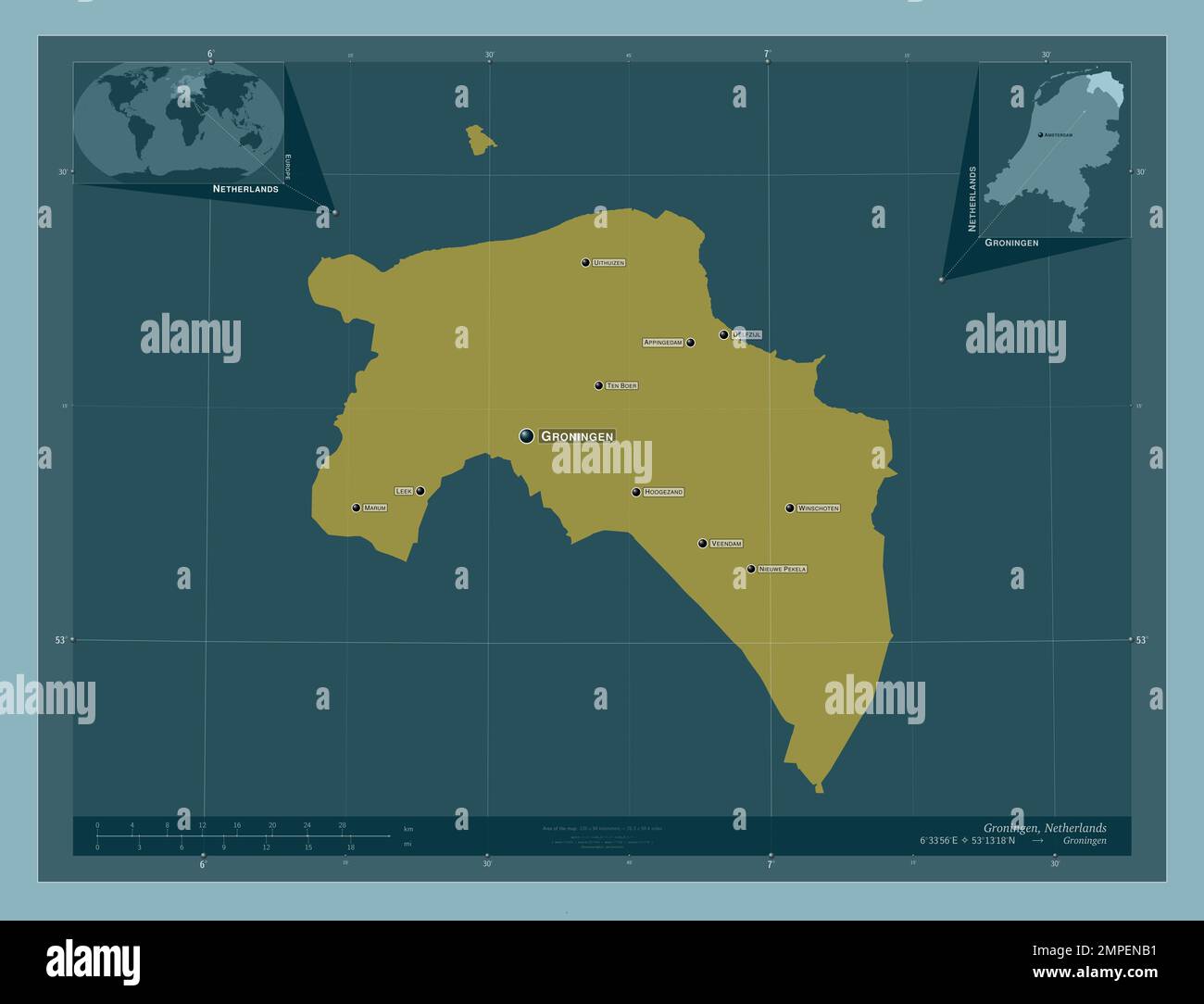 Groningen, province of Netherlands. Solid color shape. Locations and ...