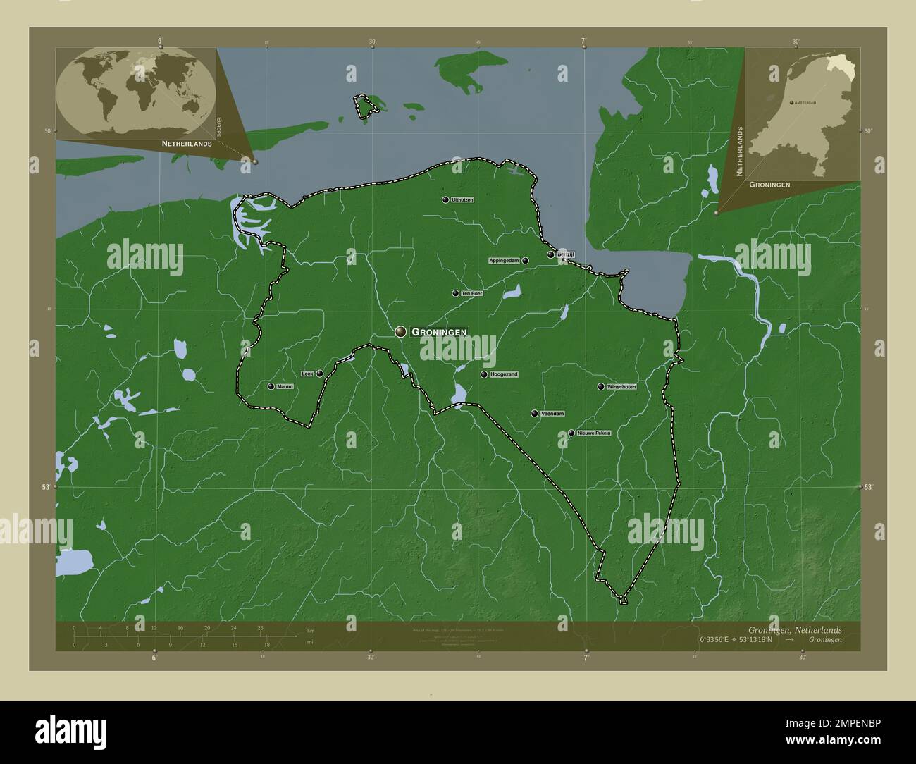 Groningen, province of Netherlands. Elevation map colored in wiki style ...