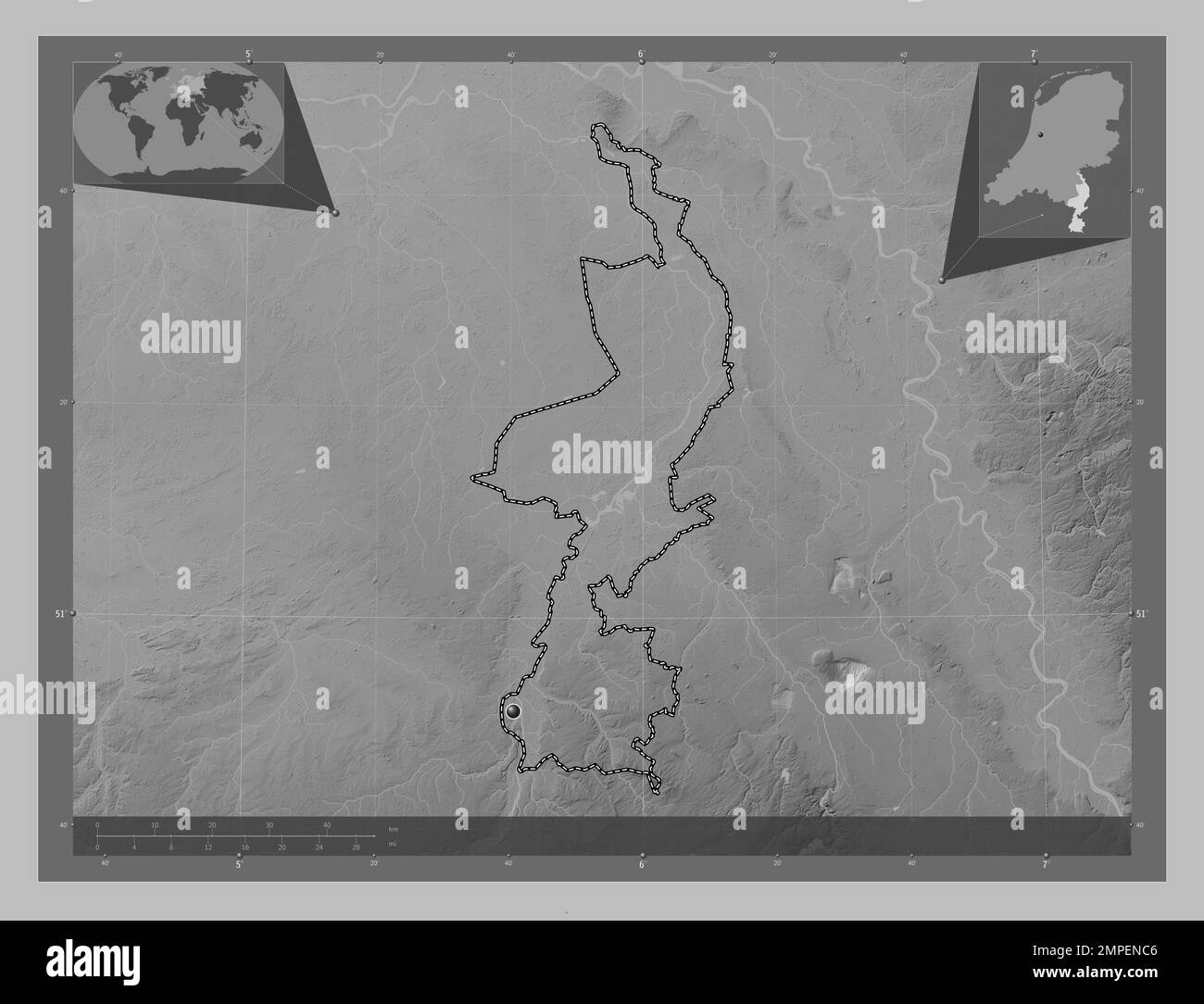 Limburg, province of Netherlands. Grayscale elevation map with lakes ...