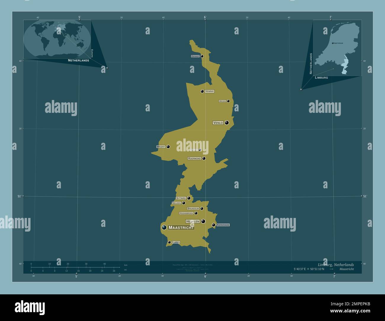 Limburg, province of Netherlands. Solid color shape. Locations and ...