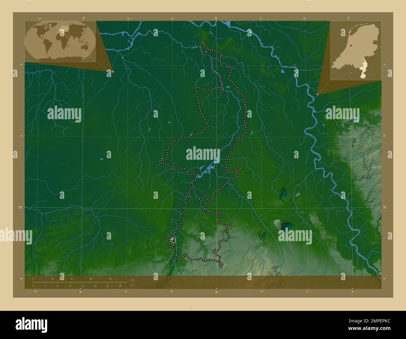 Limburg, province of Netherlands. Colored elevation map with lakes and ...