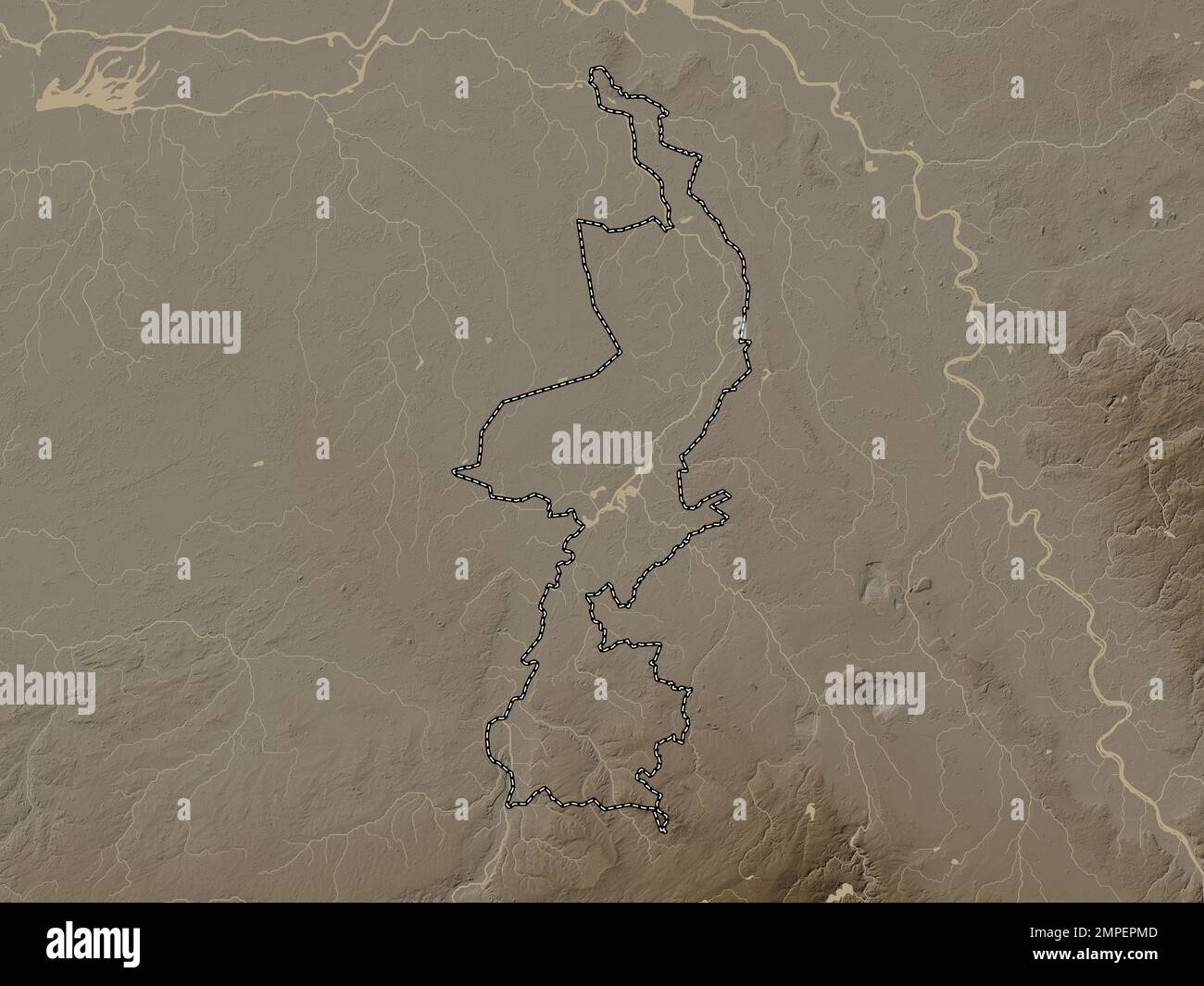 Limburg, province of Netherlands. Elevation map colored in sepia tones with lakes and rivers ...