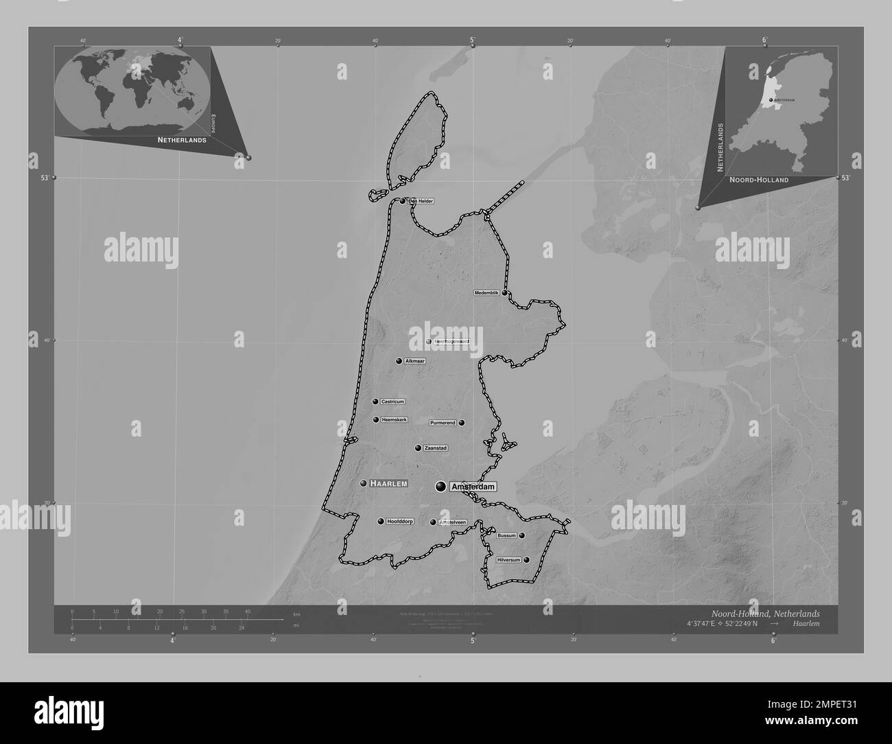 Noord-Holland, province of Netherlands. Grayscale elevation map with ...