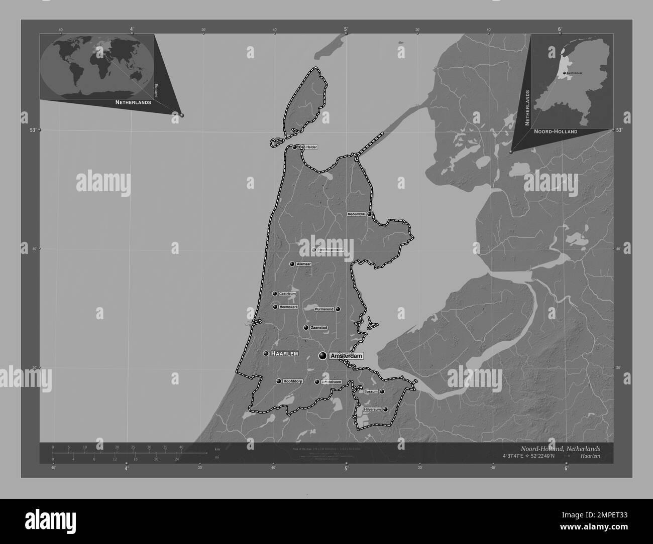 Noord-Holland, province of Netherlands. Bilevel elevation map with ...