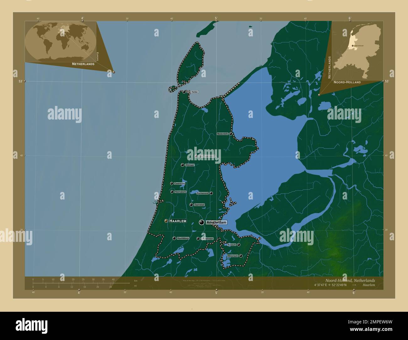 Noord-Holland, province of Netherlands. Colored elevation map with ...