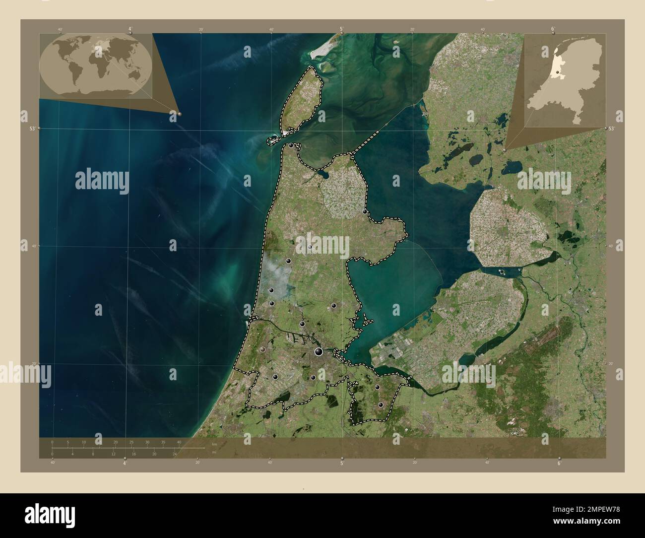 Noord-Holland, province of Netherlands. High resolution satellite map. Locations of major cities ...