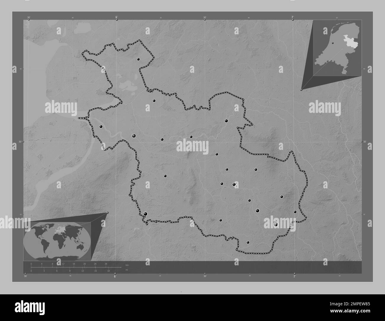 Overijssel, province of Netherlands. Grayscale elevation map with lakes ...