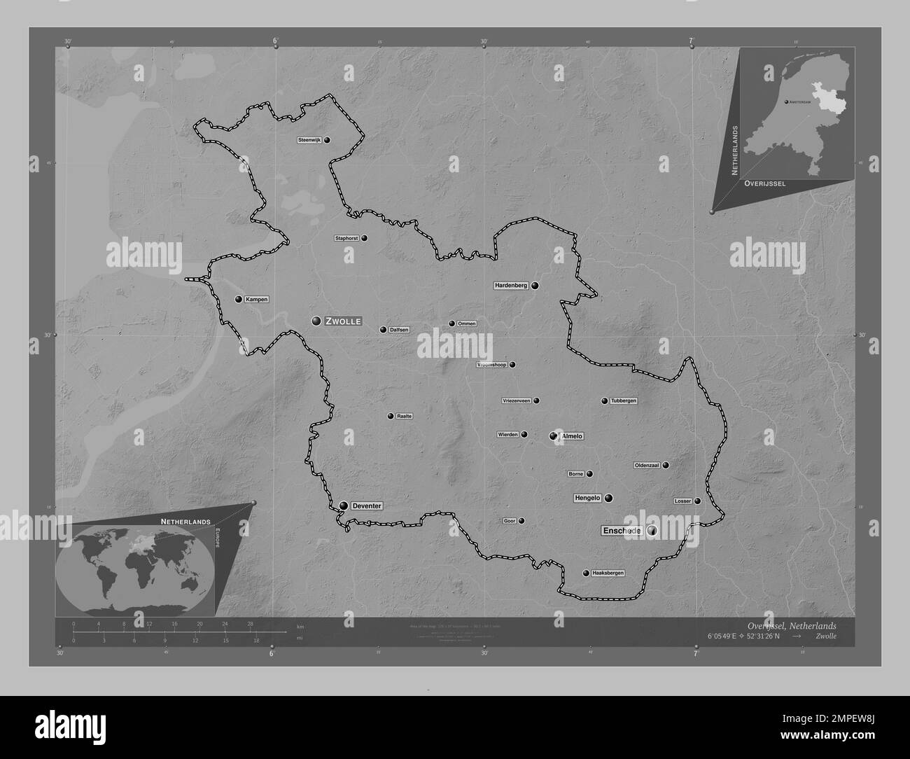 Overijssel, province of Netherlands. Grayscale elevation map with lakes ...