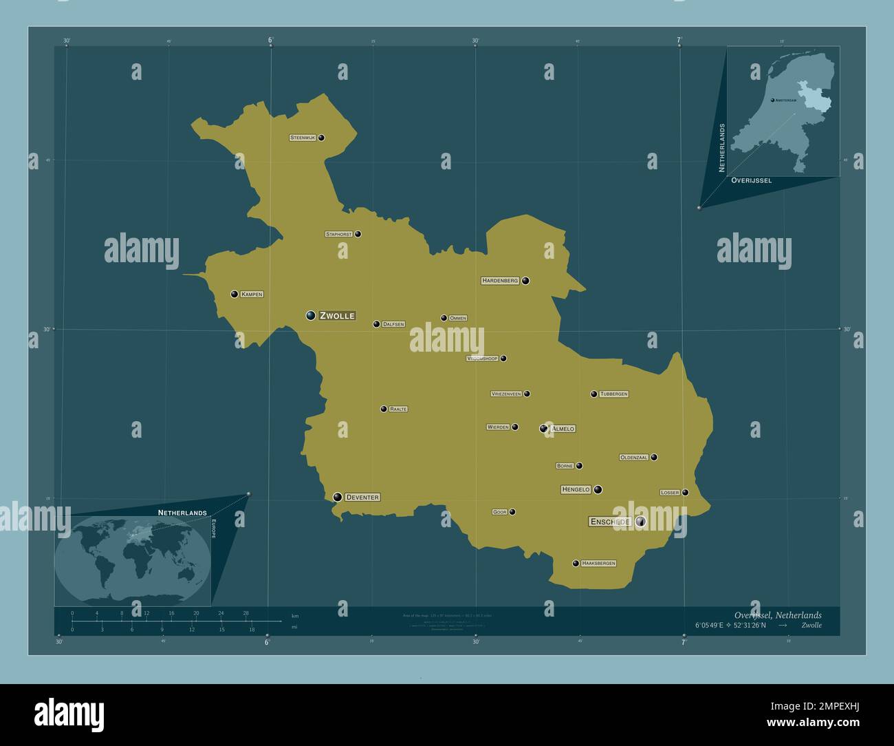 Overijssel, province of Netherlands. Solid color shape. Locations and ...