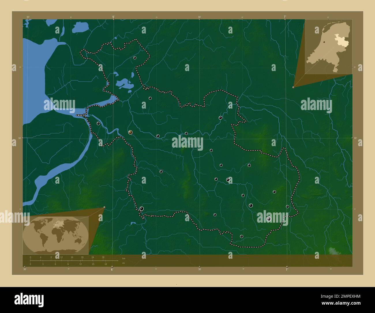 Overijssel, province of Netherlands. Colored elevation map with lakes ...