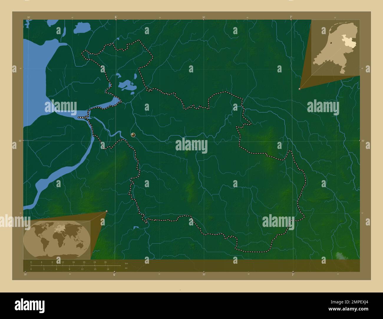 Overijssel, province of Netherlands. Colored elevation map with lakes ...