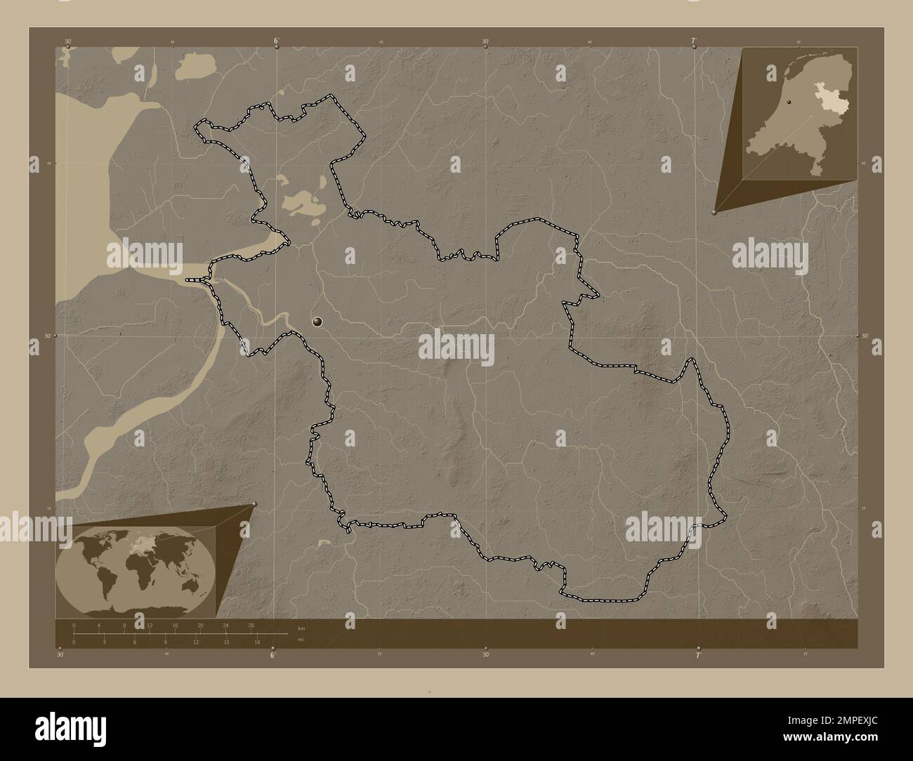 Overijssel, province of Netherlands. Elevation map colored in sepia ...
