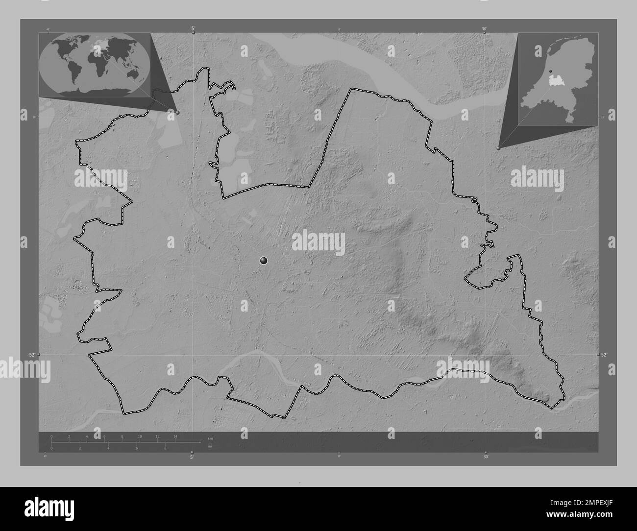 Utrecht, province of Netherlands. Grayscale elevation map with lakes ...