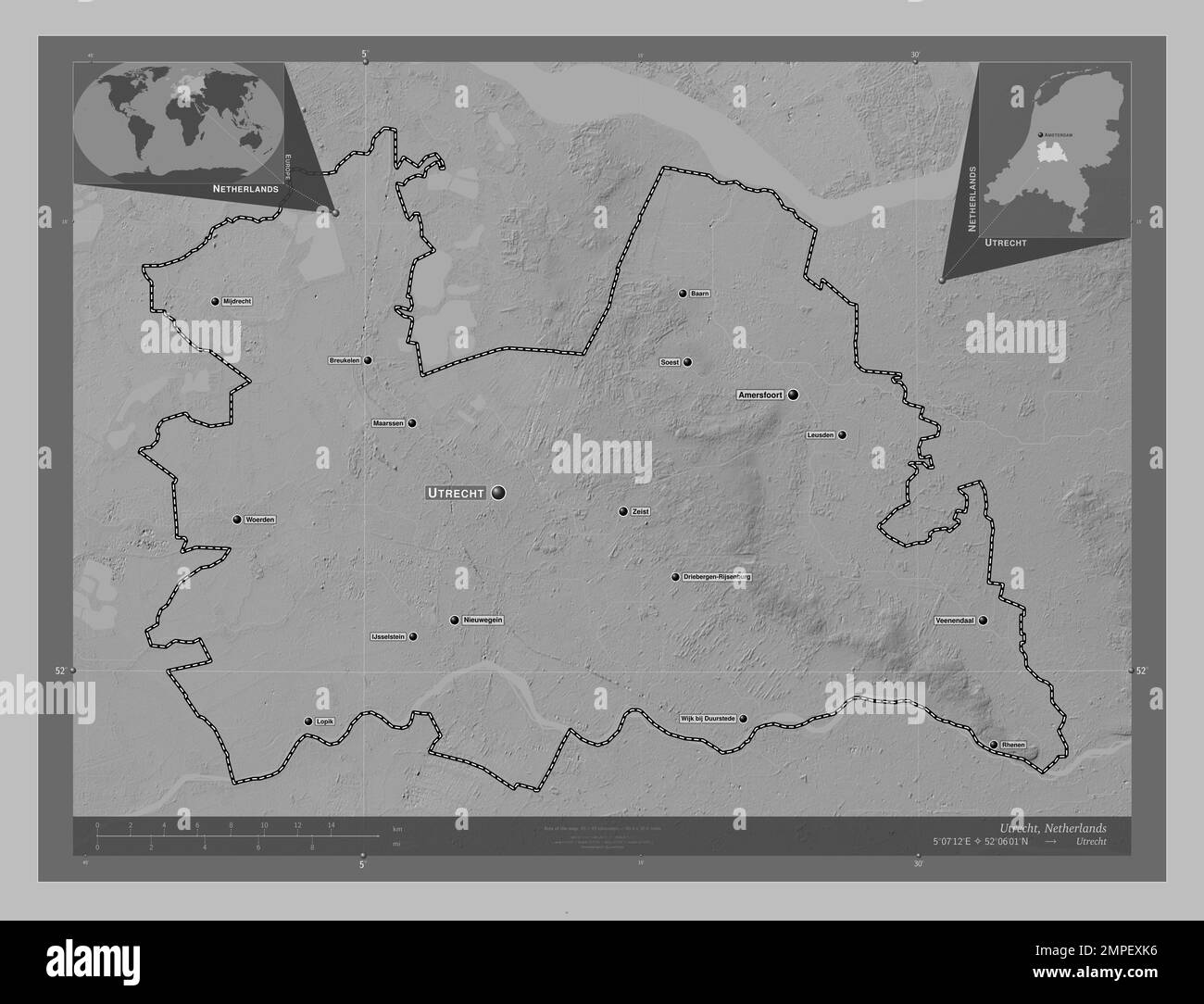 Utrecht, province of Netherlands. Grayscale elevation map with lakes ...
