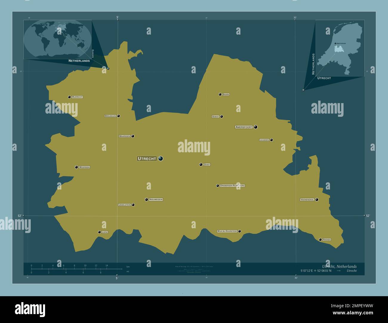 Utrecht, province of Netherlands. Solid color shape. Locations and ...