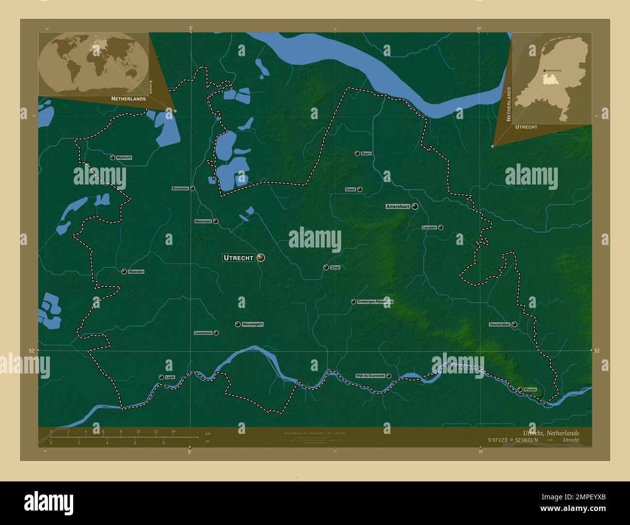 Utrecht, province of Netherlands. Colored elevation map with lakes and ...