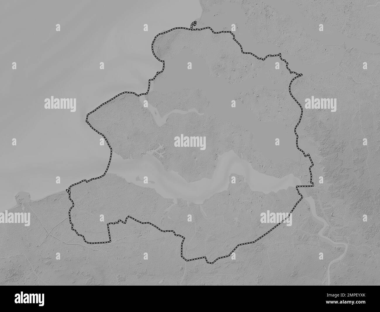 Zeeland, province of Netherlands. Grayscale elevation map with lakes ...