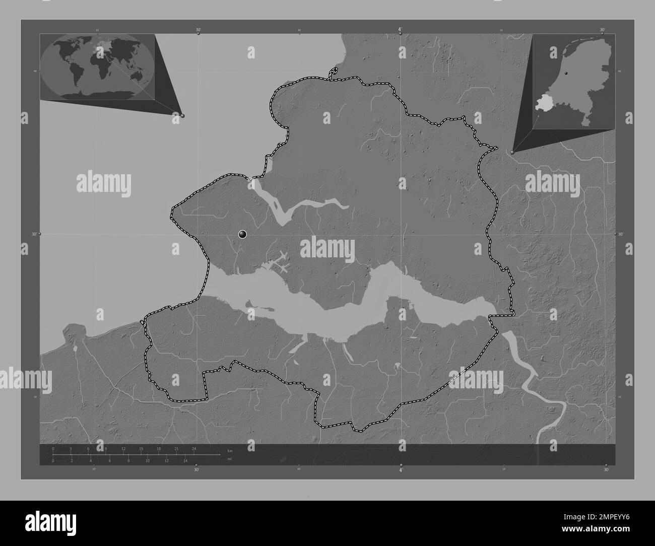 Zeeland, province of Netherlands. Bilevel elevation map with lakes and ...