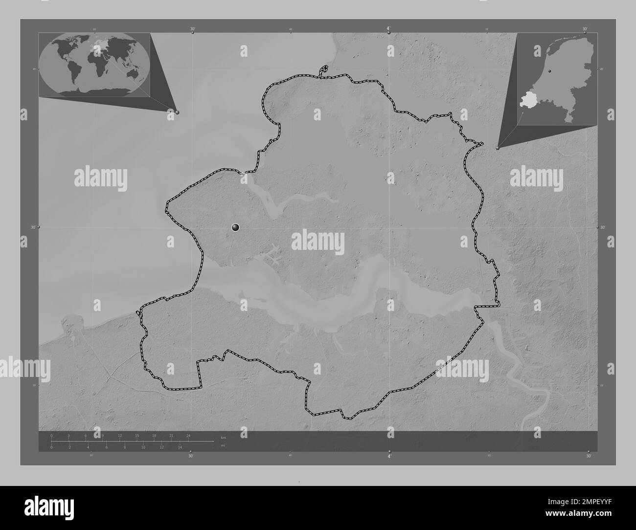 Zeeland, province of Netherlands. Grayscale elevation map with lakes ...