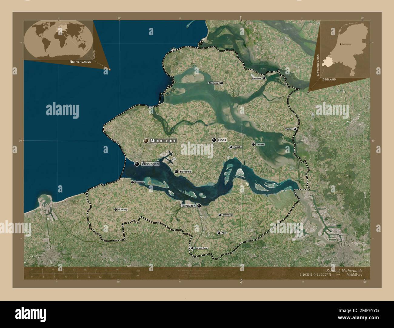 Zeeland, province of Netherlands. Low resolution satellite map ...