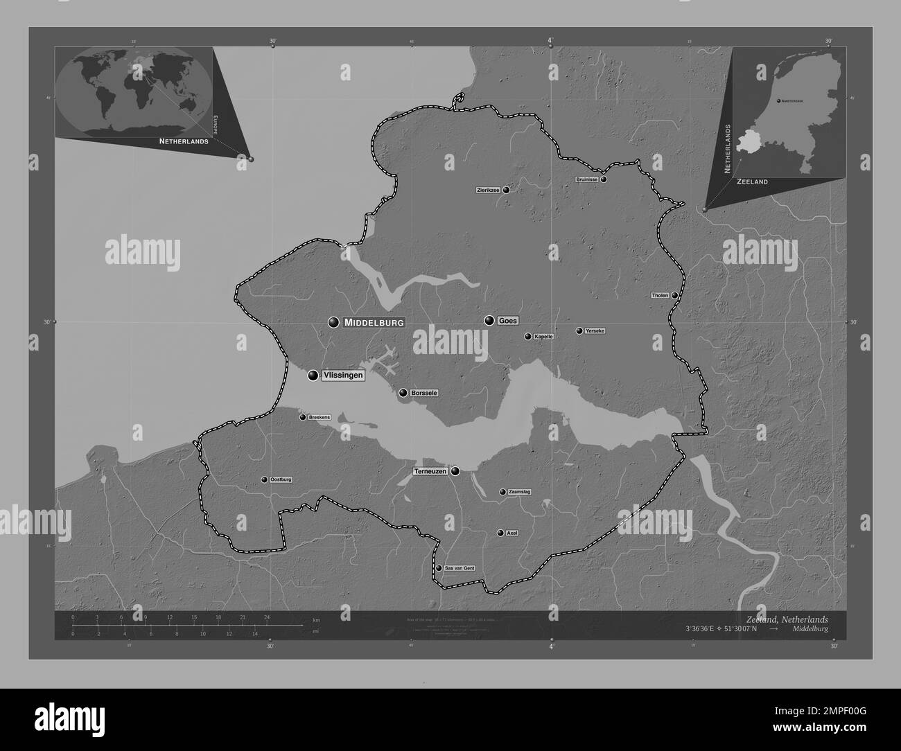 Zeeland, province of Netherlands. Bilevel elevation map with lakes and ...