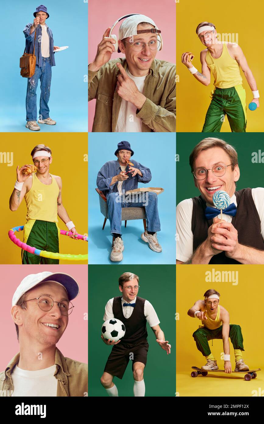 Collage. Young emotive man in different clothes, showing various ...