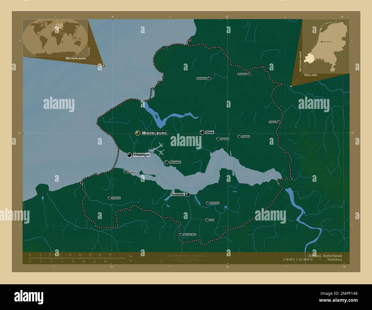 Zeeland, province of Netherlands. Colored elevation map with lakes and ...