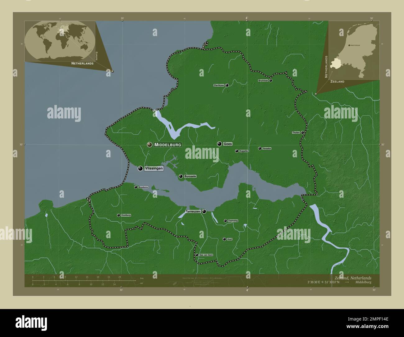 Zeeland, province of Netherlands. Elevation map colored in wiki style ...