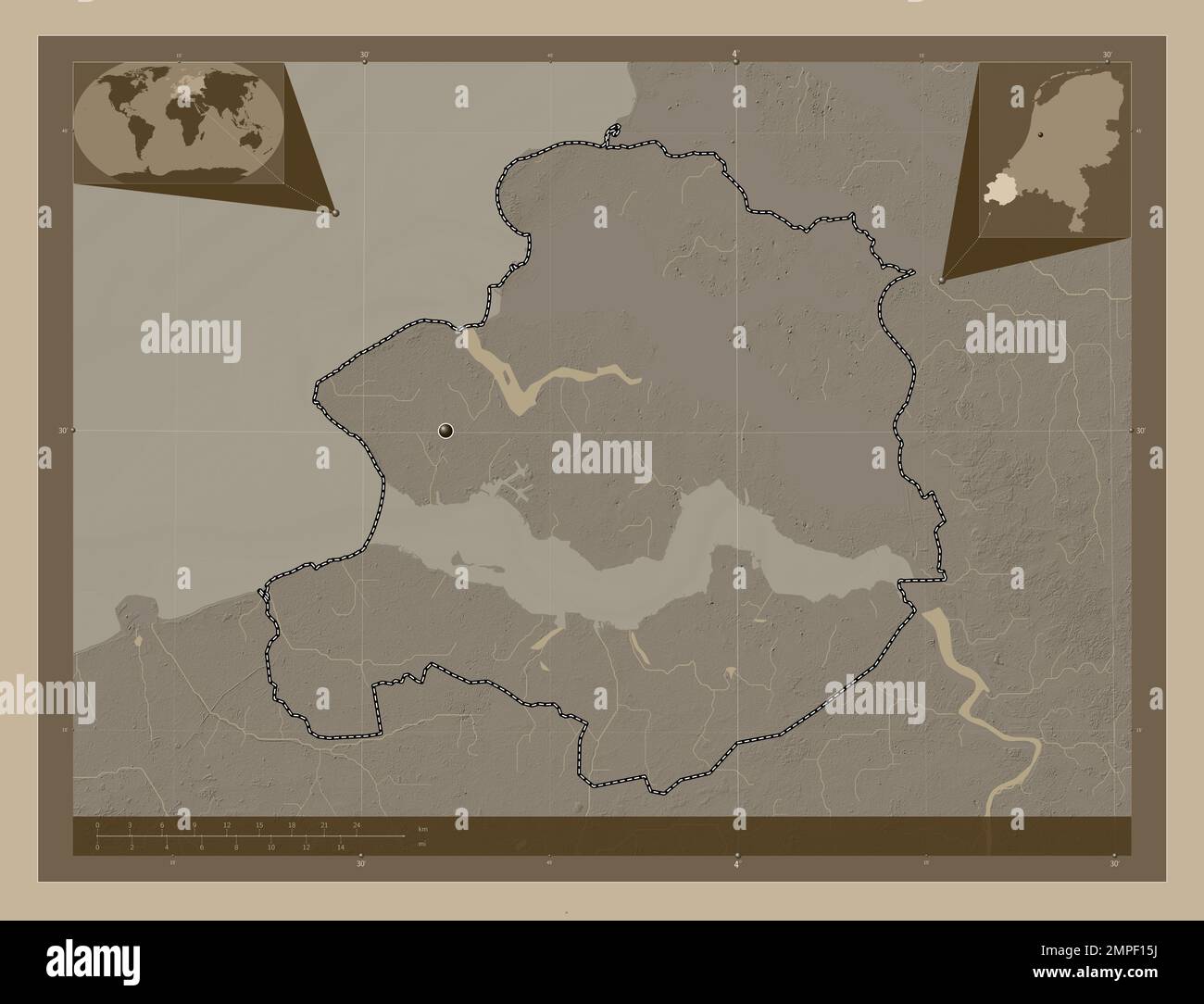 Zeeland, province of Netherlands. Elevation map colored in sepia tones ...