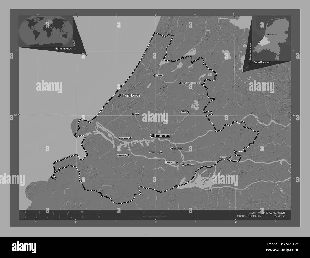 Zuid-Holland, province of Netherlands. Bilevel elevation map with lakes ...